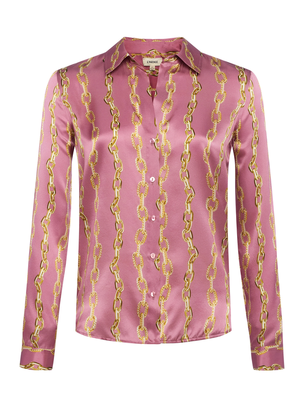 L'AGENCE Tyler Silk Blouse Mauve Rose Metallic Chain - Joseph